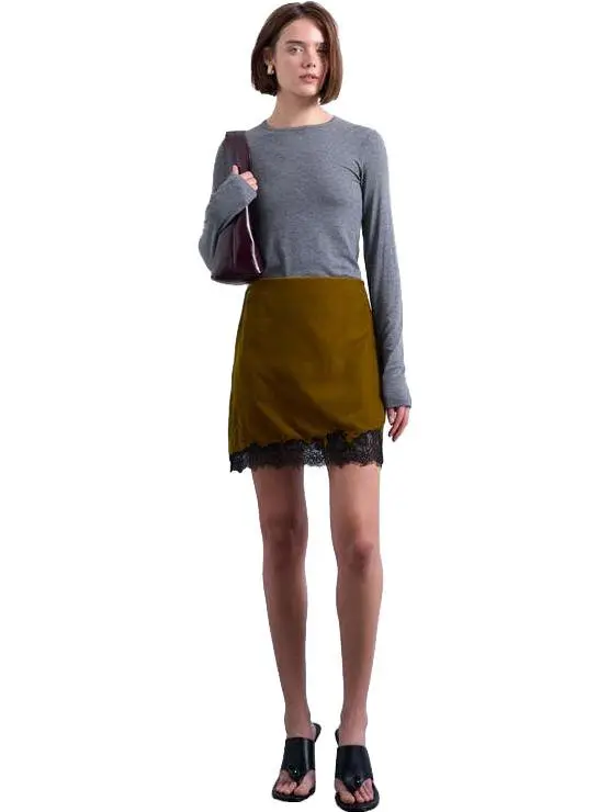 Topshop Velvet Miniskirt With Lace Trim - Khaki Green
