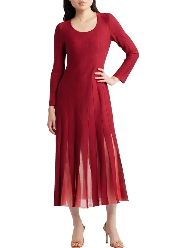 Misook Fit & Flare Long-sleeve Dress - Scarlet Red