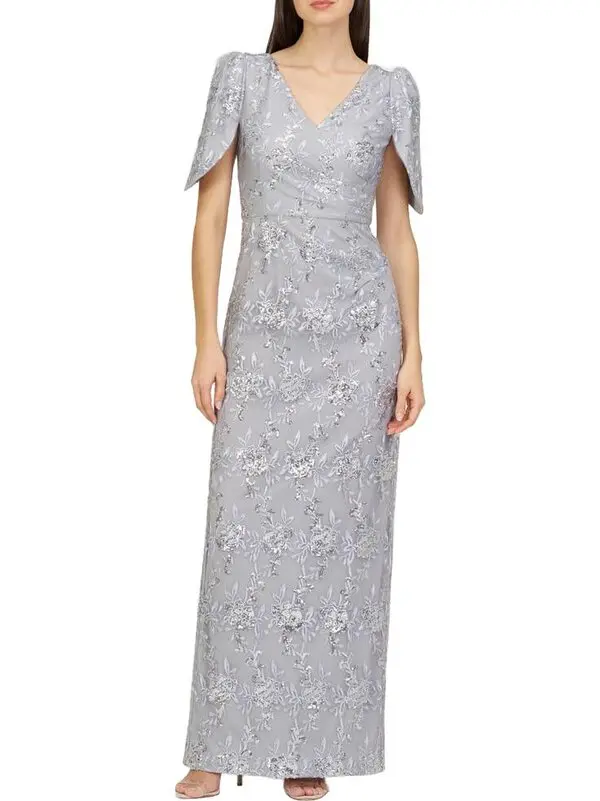Js Collections Elena Floral Embroidered Column Gown - Silver