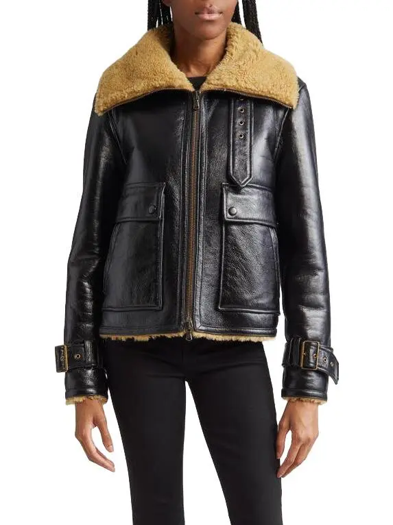 Veronica Beard Danika Genuine Shearling Bomber Jacket - Shiny Black