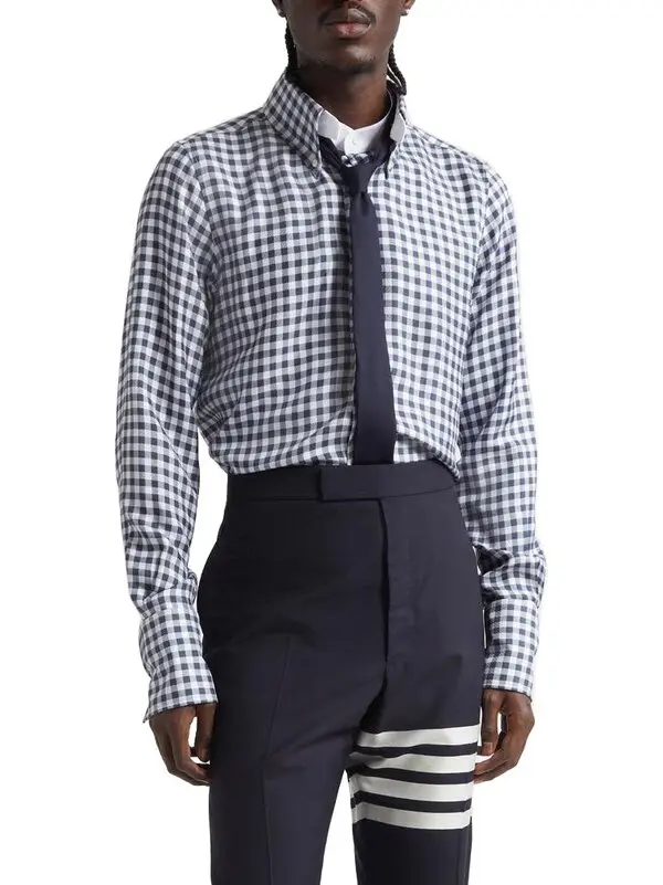 Thom Browne Gingham Straight Fit Convertible Silk Twill Button-down Shirt - Navy