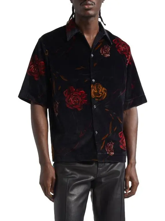 Amiri Floral Velveteen Camp Shirt - Black