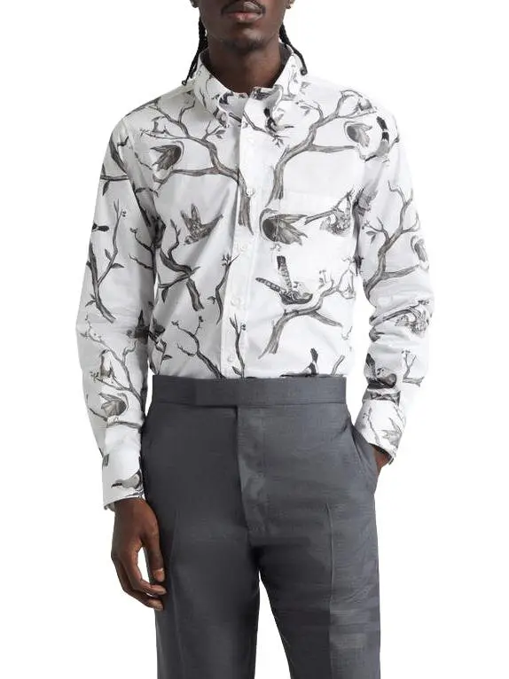 Thom Browne Bird Print Straight Fit Cotton Poplin Button-down Shirt - White
