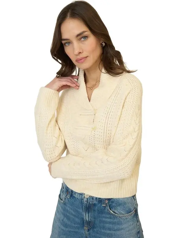 Central Park West Shawl Collar Pointelle Cable Pullover - Ivory