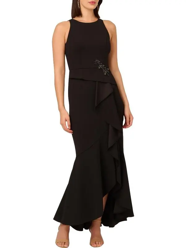 Adrianna Papell Beaded Appliqué Ruffle Crepe Gown - Black