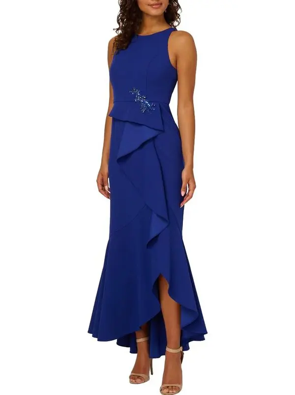Adrianna Papell Beaded Appliqué Ruffle Crepe Gown - Royal Sapphire