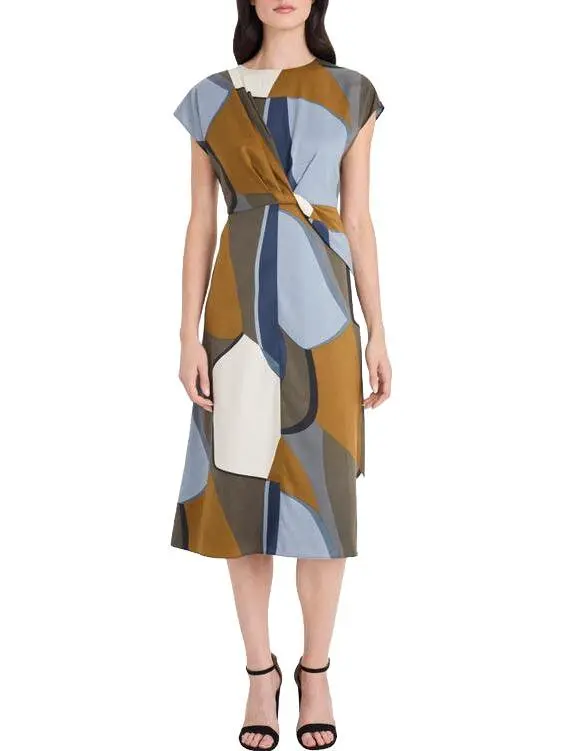 Maggy London Abstract Print Twist Detail Midi Dress - Slate Blue/navy