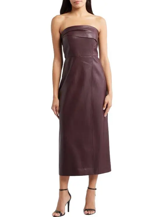 Parker The Santana Strapless Faux Leather Midi Dress - Dark Cocoa