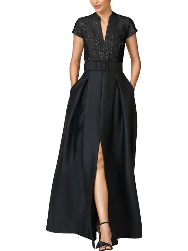 Sachin & Babi Arden Mixed Media Belted Gown - Black