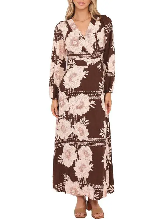 PETAL & PUP Safia Faux Wrap Midi Dress - Brown Floral