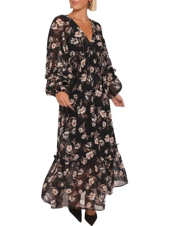 PETAL & PUP Floral Long Sleeve Maxi Dress - Black Floral