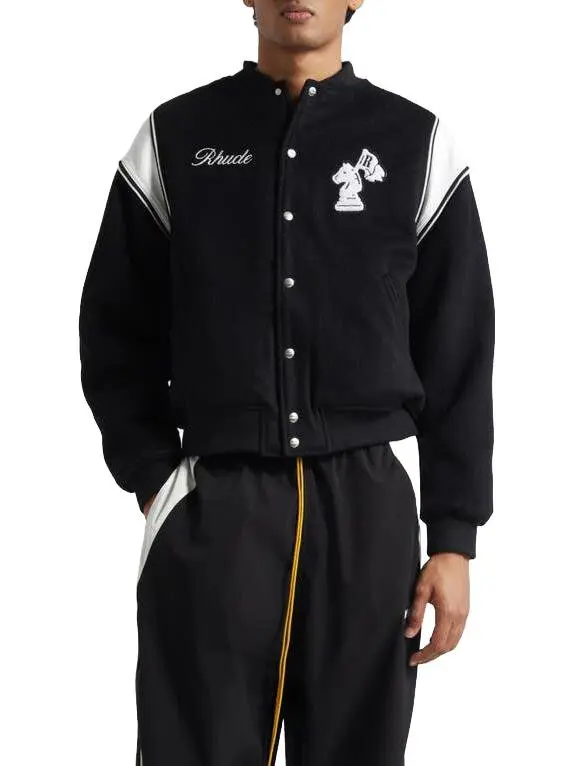 Rhude Regista Wool Blend Varsity Jacket - Black/white/gold