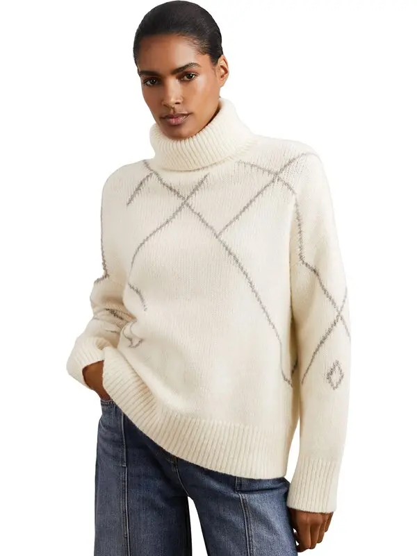 REISS Wool-blend Argyle Jumper - Cream/taupe Brown