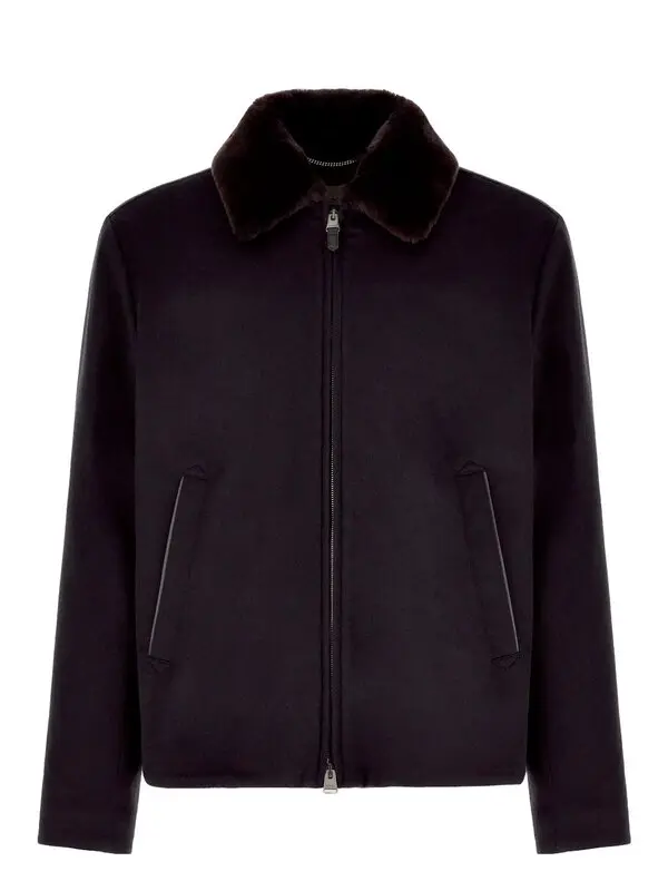 Canali Cashmere Jacket With Leather Details - Blue
