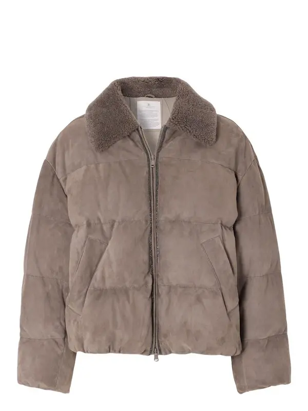 Brunello Cucinelli Bead-embellished Shearling-trimmed Padded Quilted Suede Down Jacket - Brown