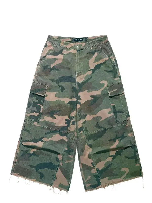 MAINLESS Camouflage Print Wide Leg Trousers - Green