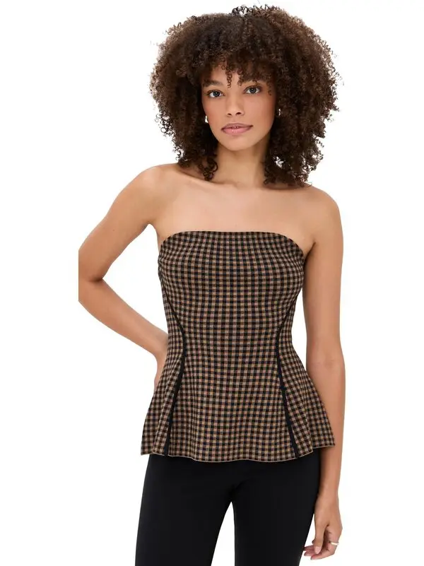 LE BOP Gingham Strapless Peplum Top - Chocolate/black
