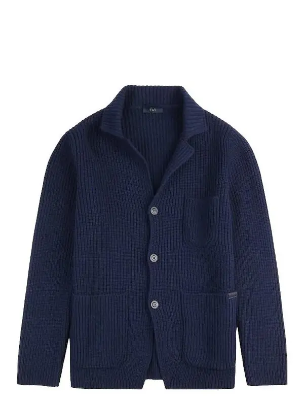FAY Single-breasted Wool Knit Jacket - Blue