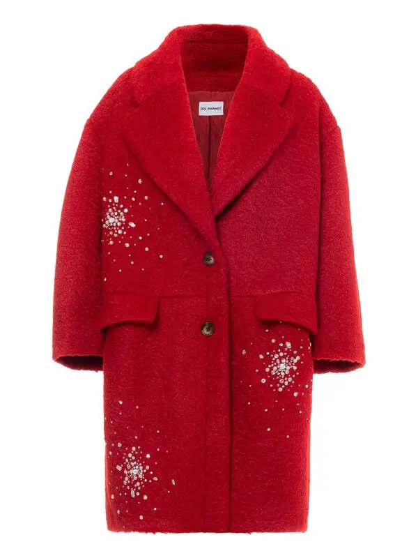 DES_PHEMMES Embroidered Wool Cocoon Coat - Red