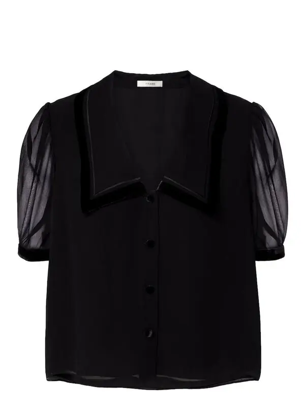 FRAME Sailor Velvet-trimmed Silk Blouse - Black