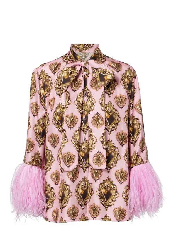Dolce & Gabbana Feather-trimmed Printed Silk Blouse - Pink