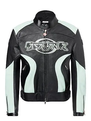 Casablanca Regular-fit Brand-embroidery Leather Jacket - Black & Mint