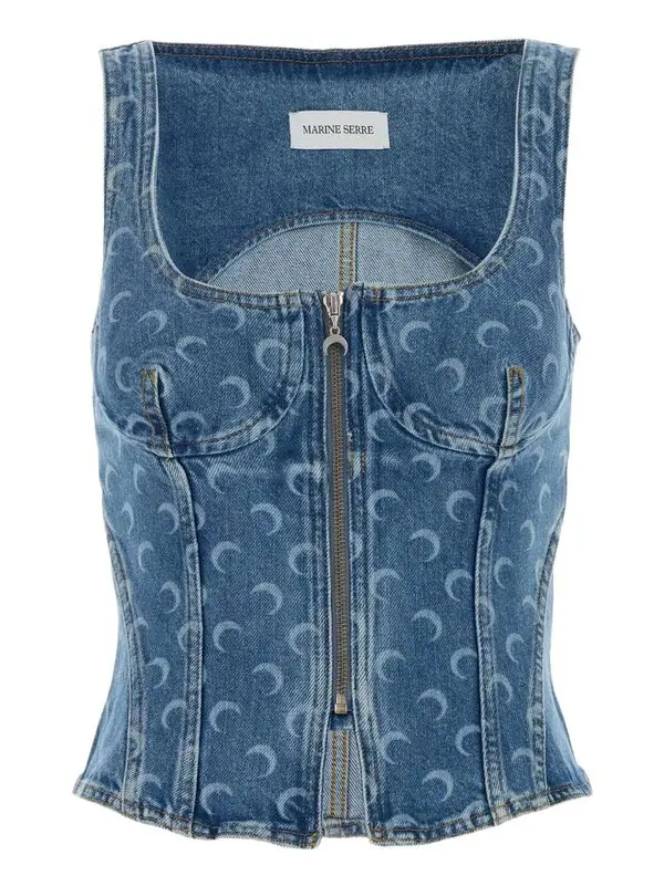 MARINE SERRE Moon Denim Bustier Top - Sky Blue