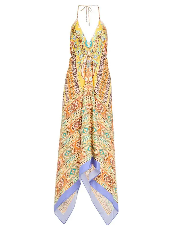 Etro Printed Silk Halter Maxi Dress - Print On Yellow Base