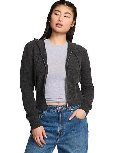 Pink Front-zip Shrunken Sweater Hoodie - Grey