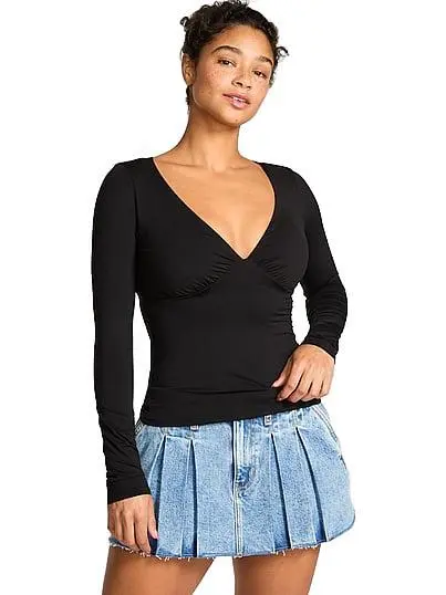 Pink Base Stretch Ruched Long-sleeve Tee - Black