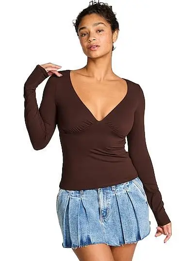 Pink Base Stretch Ruched Long-sleeve Tee - Brown