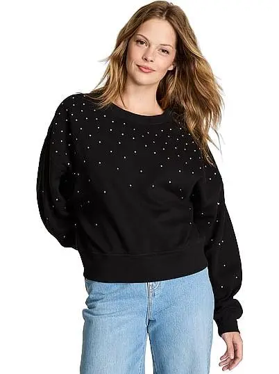 Pink Campus Fleece Studded Crew Sweatshirt - Black