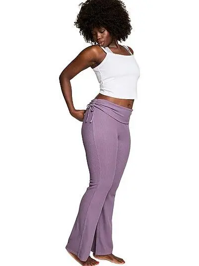 Pink Waffle Knit Foldover Flare Pants - Purple