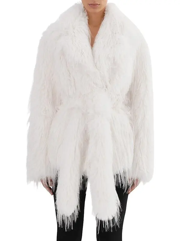 LAMARQUE Faux Fur Belted Coat - Ivory