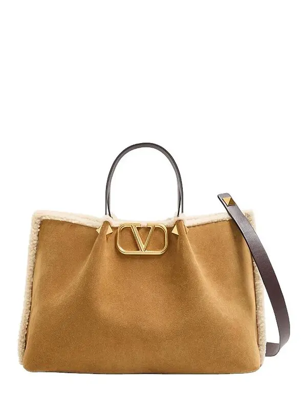 Valentino Garavani Medium Vlogo Suede And Shearling Shopping Tote Bag - Havana Beige