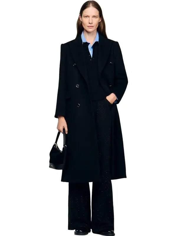 Sandro Long Wool Double-breasted Coat - Black