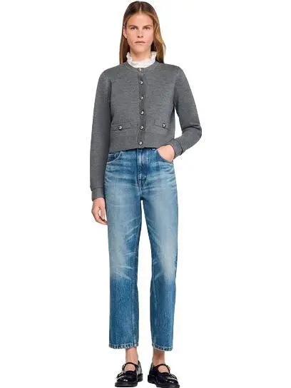 Sandro Fine Knit Cardigan With Detachable Ruffled Collar - Blue
