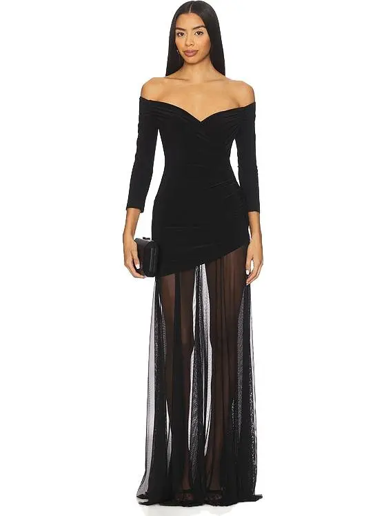 Norma Kamali Off Shoulder Sweetheart Combo Flared Gown - Black & Black Mesh
