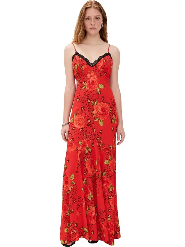 NEVER FULLY DRESSED Rosie Leopard And Floral Maxi Slip Dress - Red