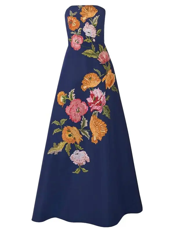 Carolina Herrera Strapless Floral Embroidered A-line Gown - Midnight Multi