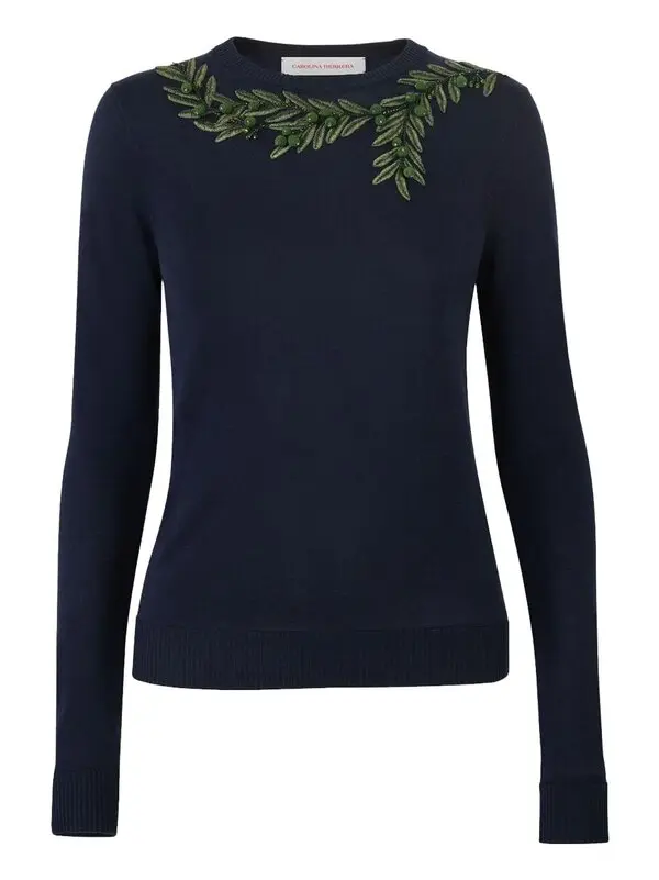 Carolina Herrera Olive Branch Embroidered Sweater - Midnight Multi