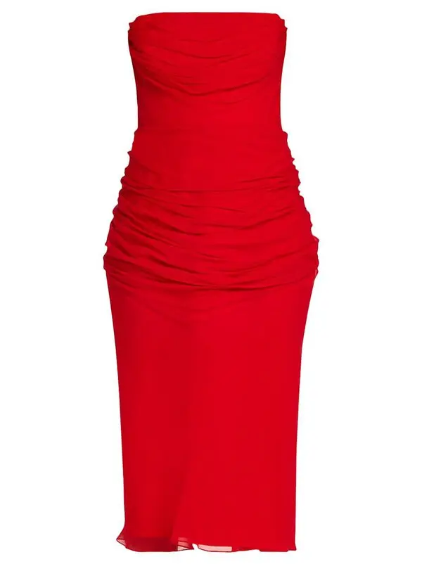 Carolina Herrera Strapless Draped Silk Midi Dress - Herrera Red