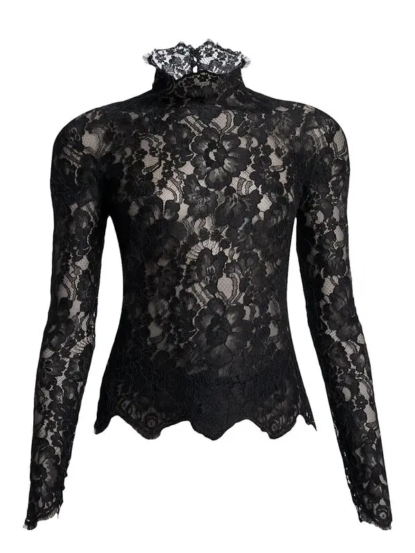 Saint Laurent Sheer Lace Turtleneck Top - Nero
