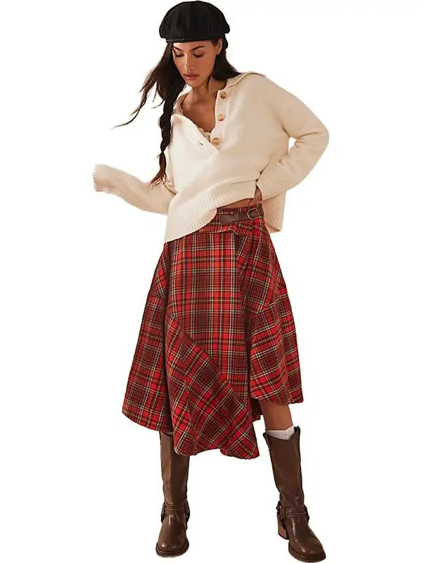Free People Plaid Circle Skirt - Scarlet Combo