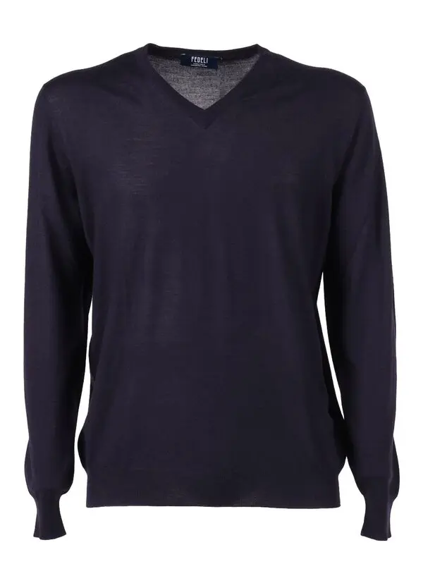 Fedeli Long Sleeve V-neck Knit Sweater - Blue