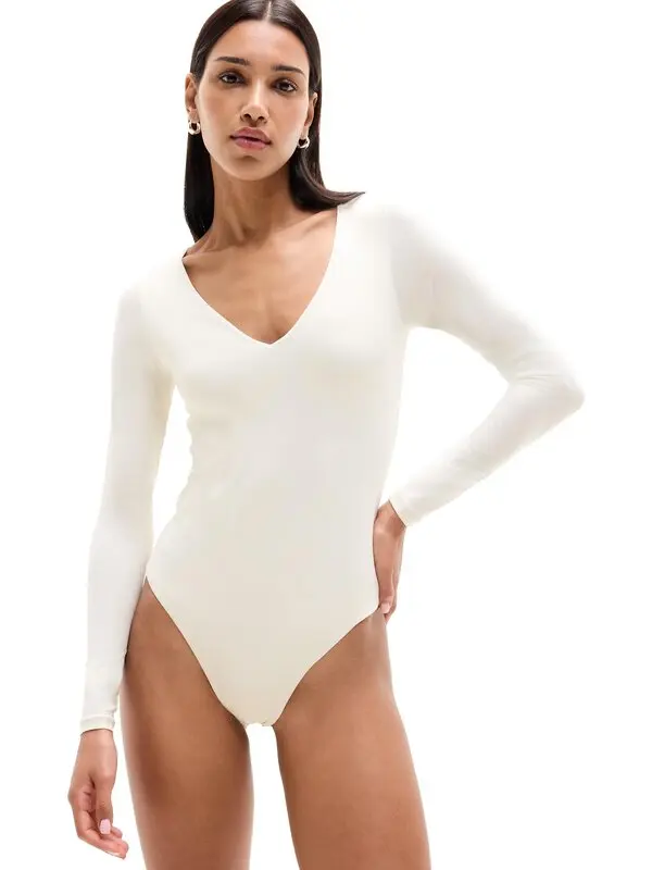 Athleta Bodymove Plunge Long Sleeve Bodysuit - Bone