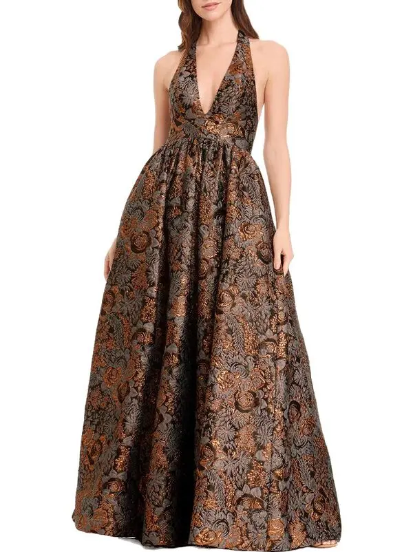 Dress The Population Metallic Floral Jacquard Plunge Halter Neck Gown - Bronze Multi