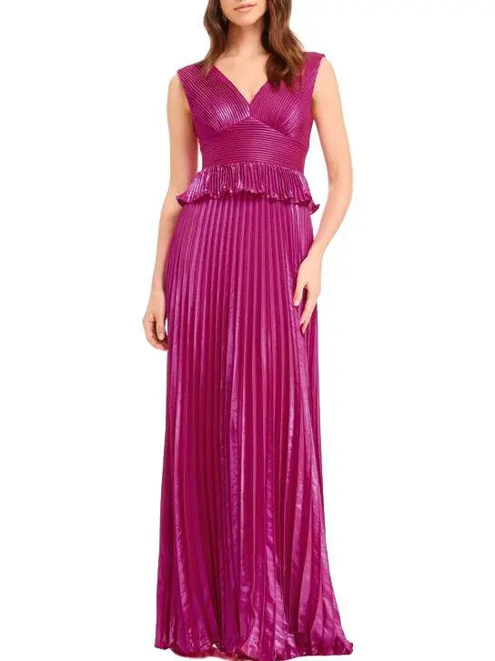 Dress The Population Liliana Metallic Pleated Gown - Fuchsia