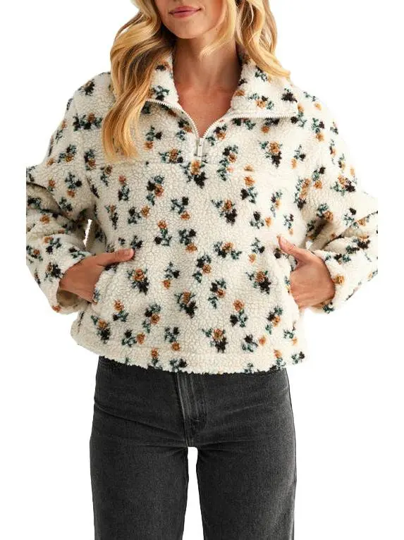 ALL IN FAVOR Floral High Pile Fleece Half-zip Pullover - Brown Mustard Floral