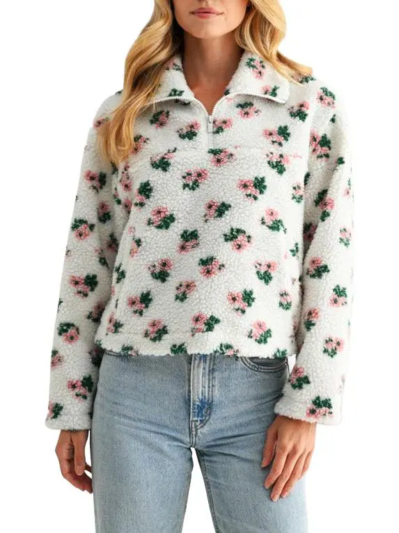 ALL IN FAVOR Floral High Pile Fleece Half-zip Pullover - Cream Pink